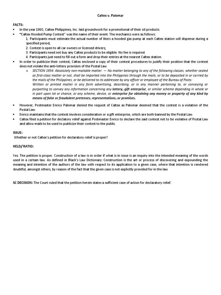 Caltex v. Palomar Facts: "Caltex Hooded Pump Contest" Was The Name of ...