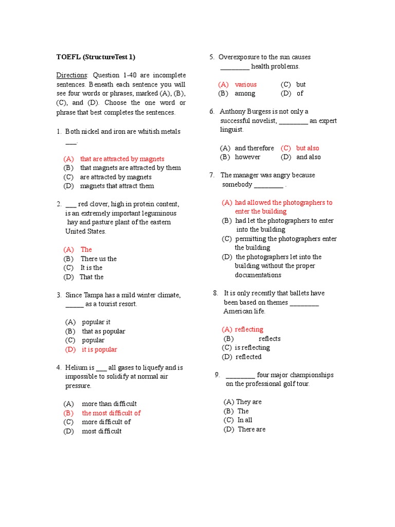 TOEFL Structure Test 1 Questions and Answers | PDF | Conducting | Nature
