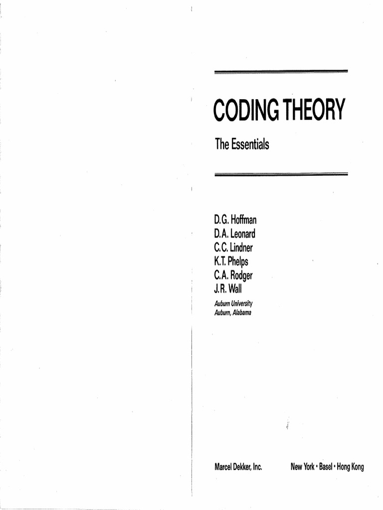 Coding Theory The Essentials - D.G Hoffman PDF | PDF
