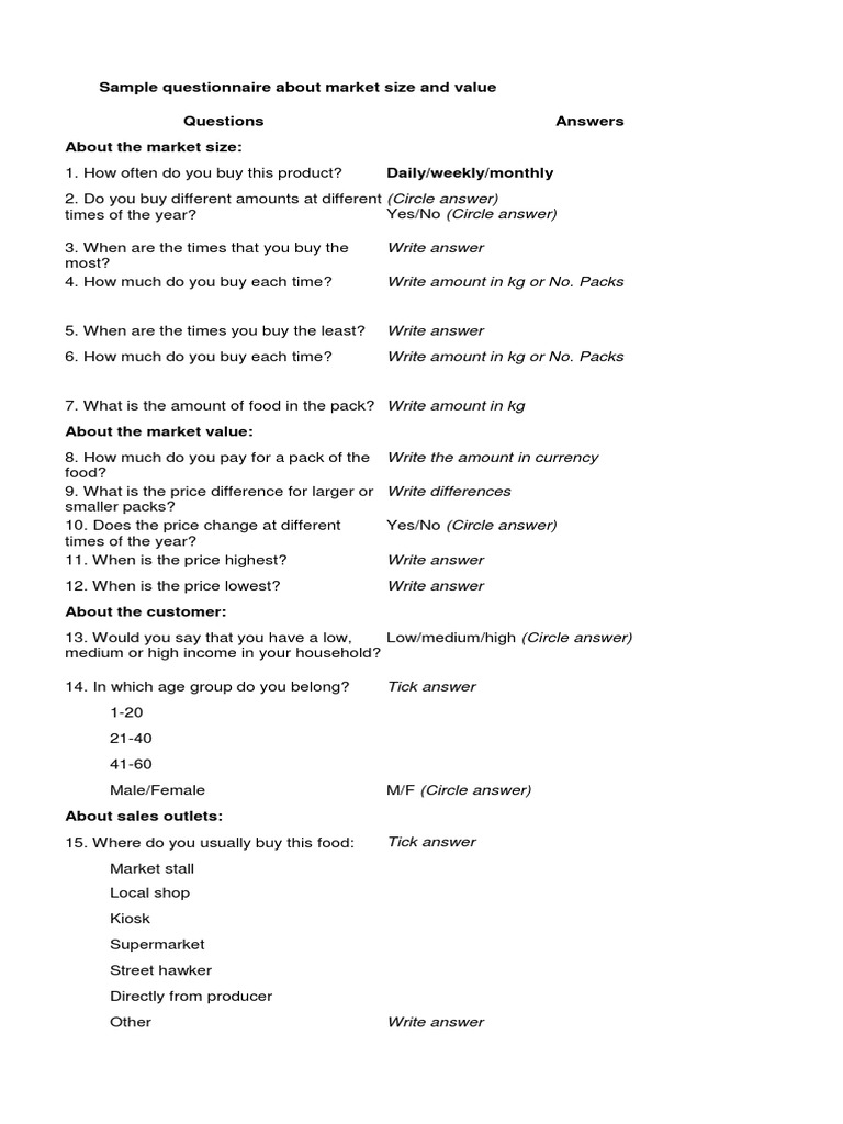 Sample Questionnaire About Market Size and Value | PDF