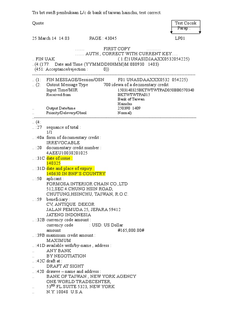 CONTOH LC.doc | Bill Of Lading | Business Documents