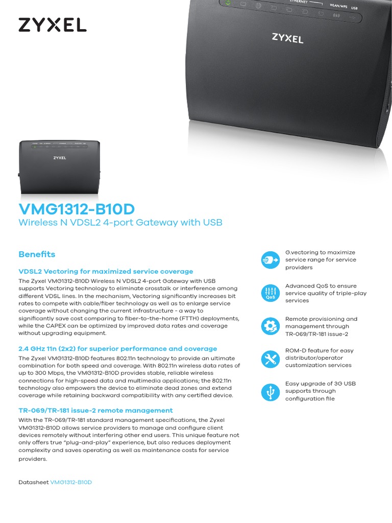 ZyXEL VMG1312-B10D Wireless N VDSL2/ADSL2+ 4-Port Gateway With USB | PDF | Internet Access ...