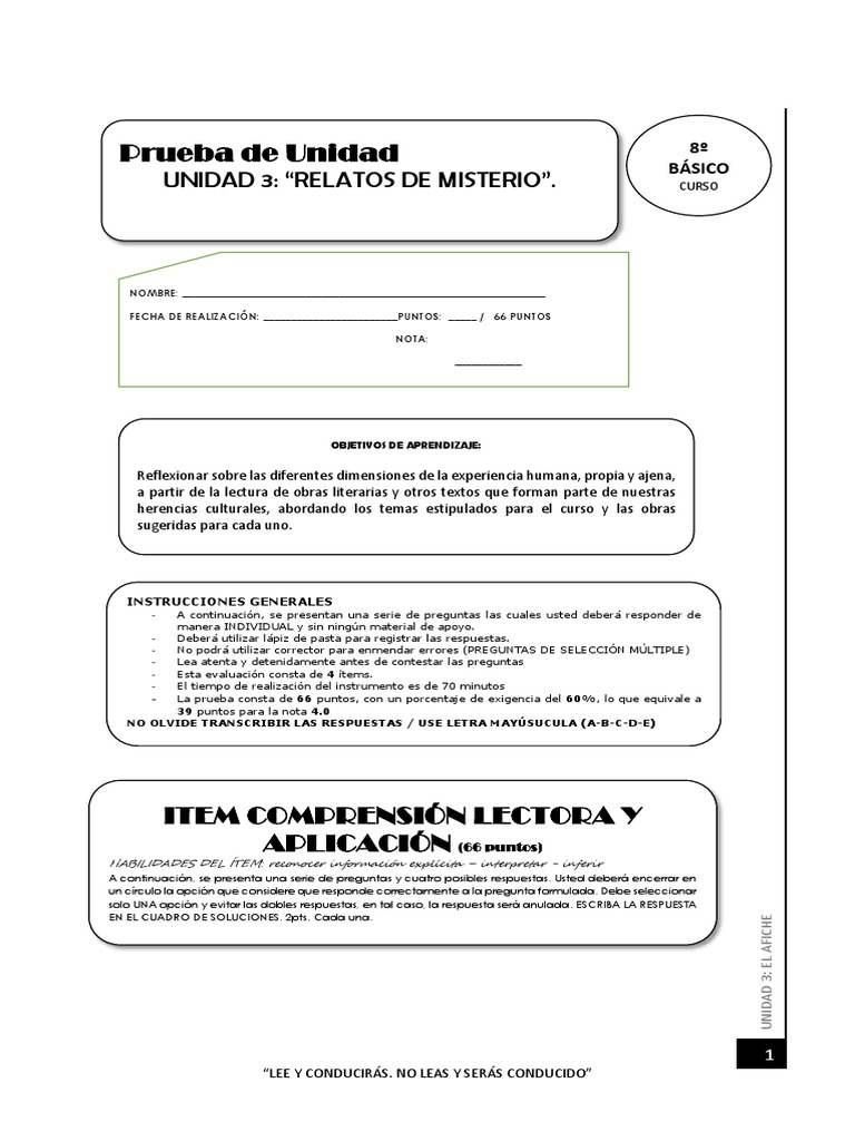 Prueba de Comprensión Lectora 8º Básico | PDF | Sherlock Holmes | Un ...