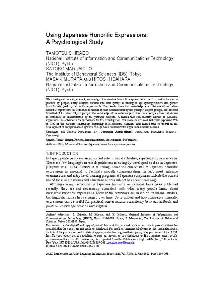 Using Japanese Honorific Expressions: A Psychological Study: Psychology ...