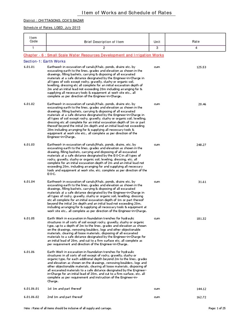 Schedule of Rates for Earthworks and Construction Works in Chittagong ...