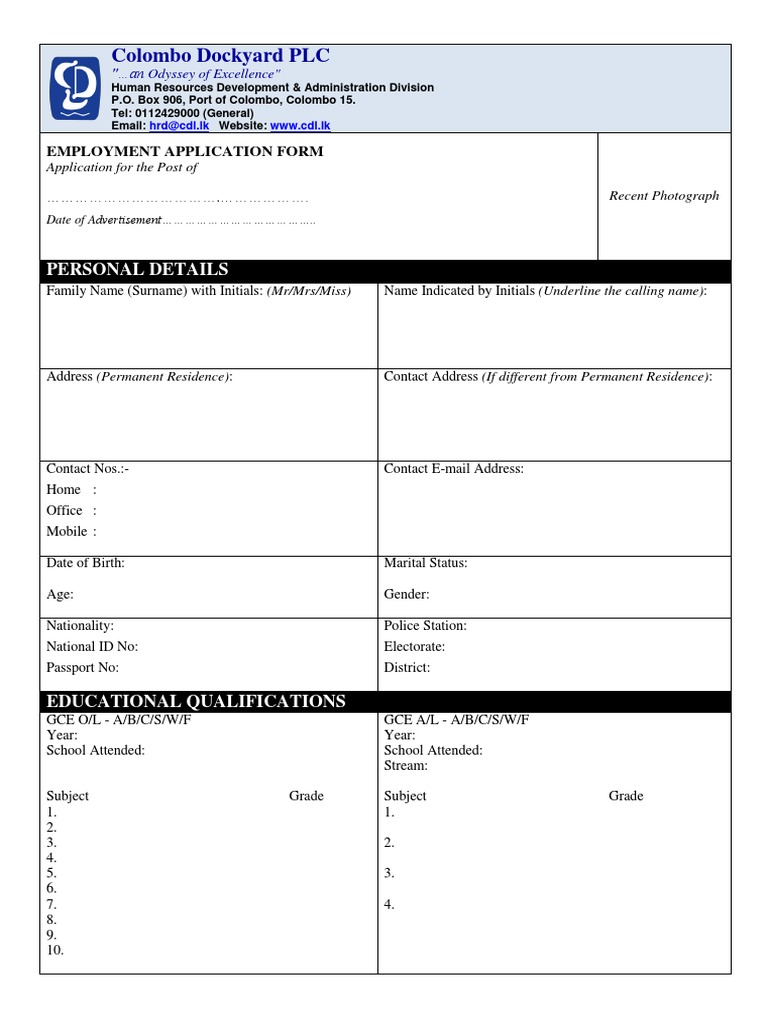 Colombo Dockyard Job Application Form | PDF | Government Information ...