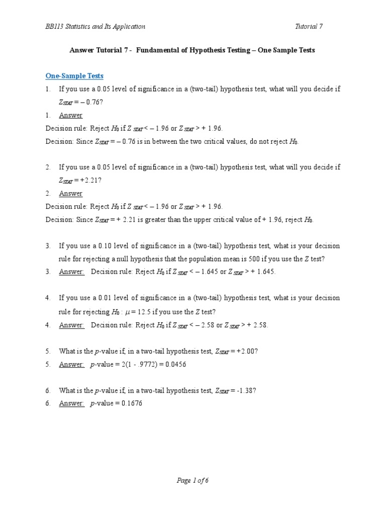 Statistics - Hypothesis Testing One Sample Tests | PDF | Statistical ...