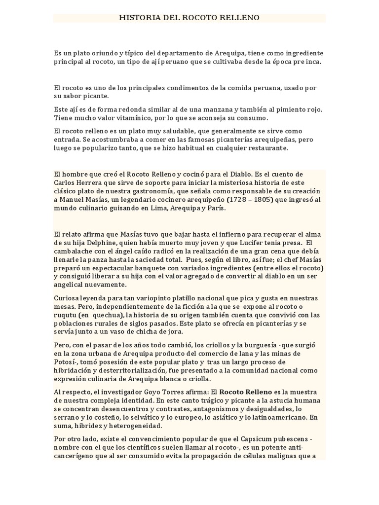 Historia Del Rocoto Relleno | PDF | Ají picante | Comida y bebida