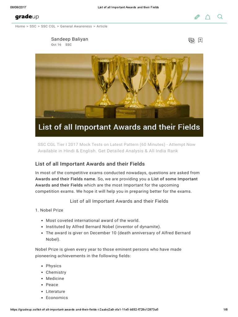 List of All Important Awards and Their Fields | PDF | Nobel Prize | Awards