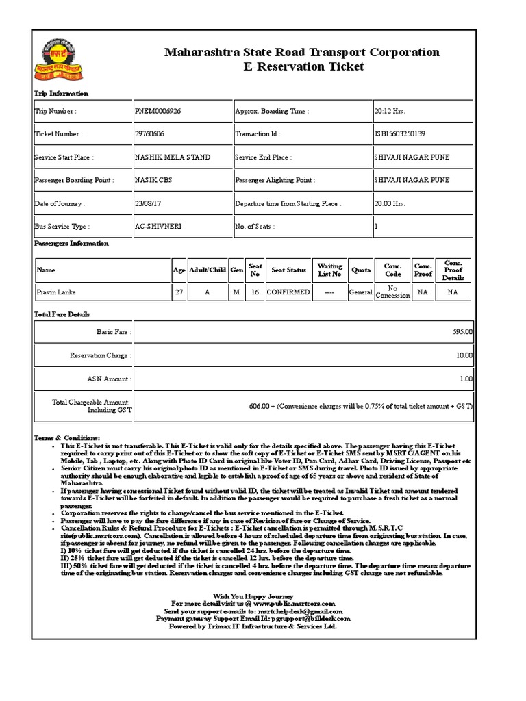 MSRTC - Online Reservation System 2 | PDF | Identity Document | Ticket ...