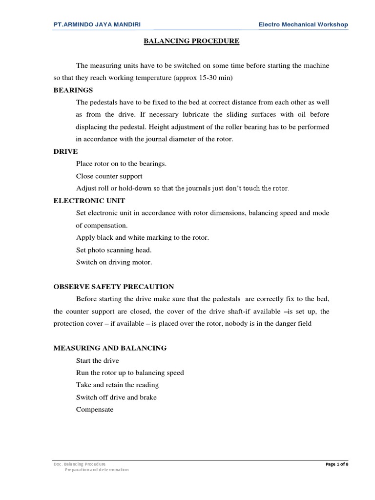 Balancing Procedure: PT - Armindo Jaya Mandiri Electro Mechanical Workshop | PDF
