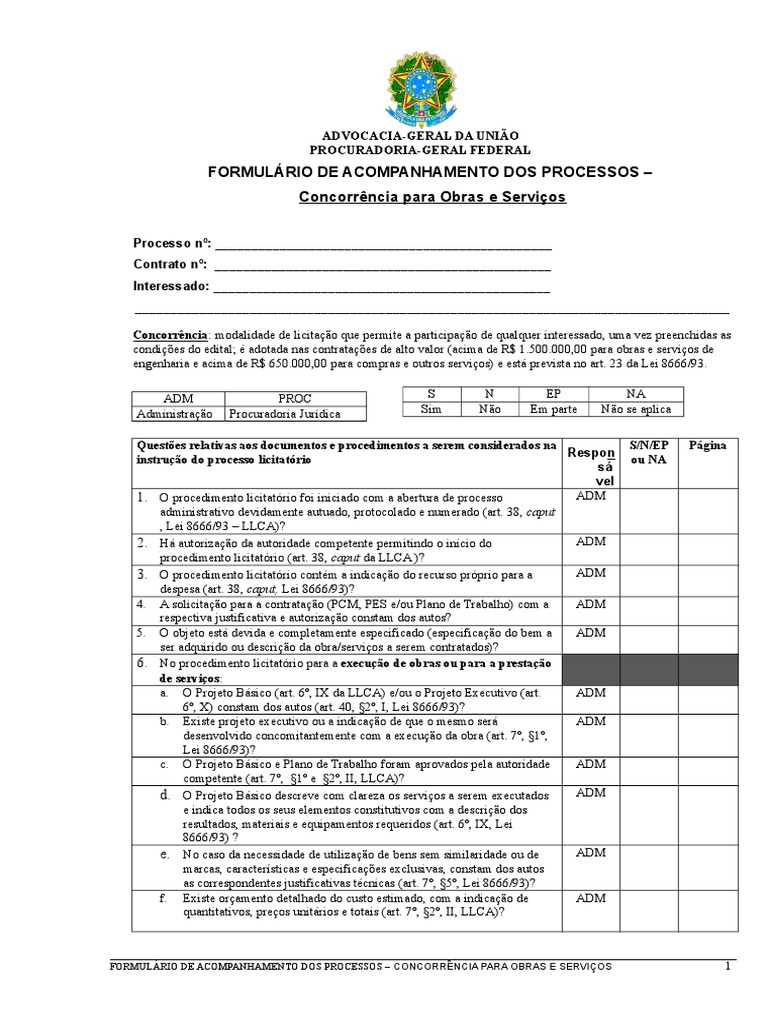 Check List para Formalizao Processo Na Modalidade Concorrencia - Obras ...