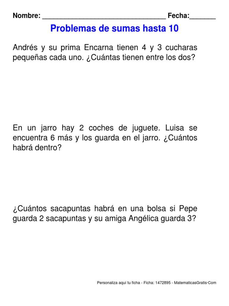 Problemas de Sumas Hasta 10 | PDF | Ocio