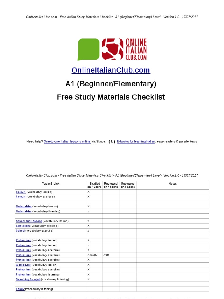 Free Italian Study Materials Checklist - A1 Level | PDF | Adverb | Rules