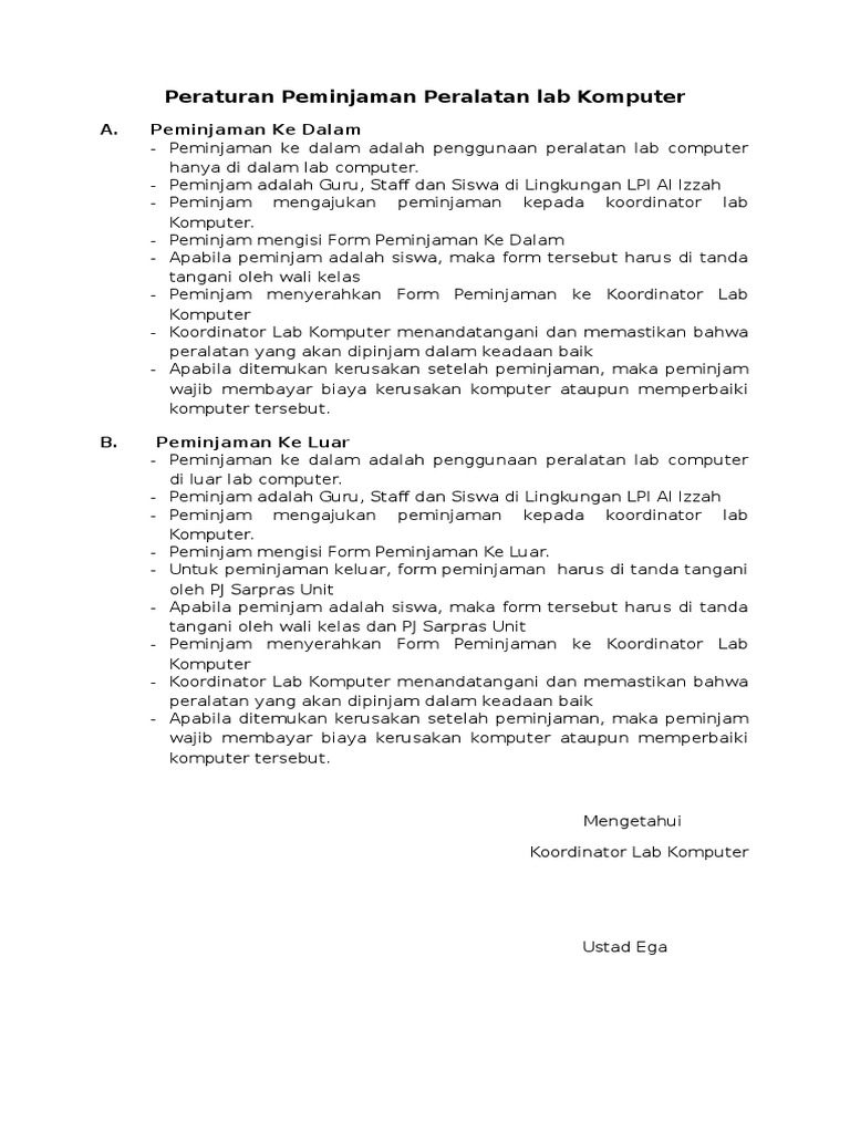 Peraturan Peminjaman Peralatan Lab Komputer | PDF