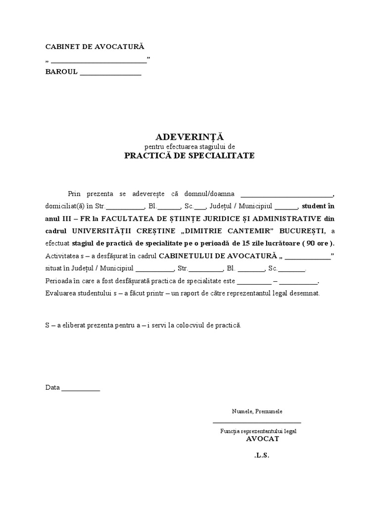 Adeverinta practica de specialitate - drept