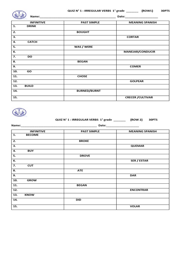 Quizzes Primero Medio Verbos Irregulares 1 2 y 3 | PDF | Grammatical ...