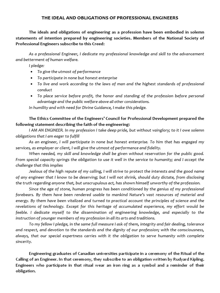 Engineers' Creed and Professional Obligations | PDF | Engineer | Profession