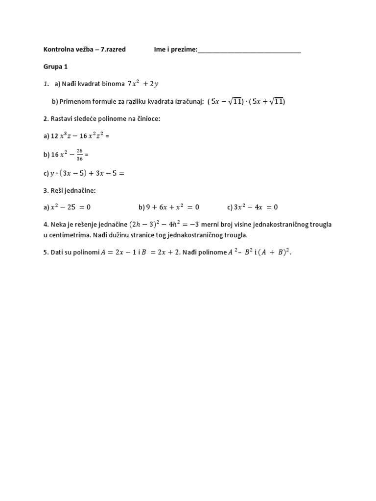 3.kontrolna Vezba - 7.razred | PDF
