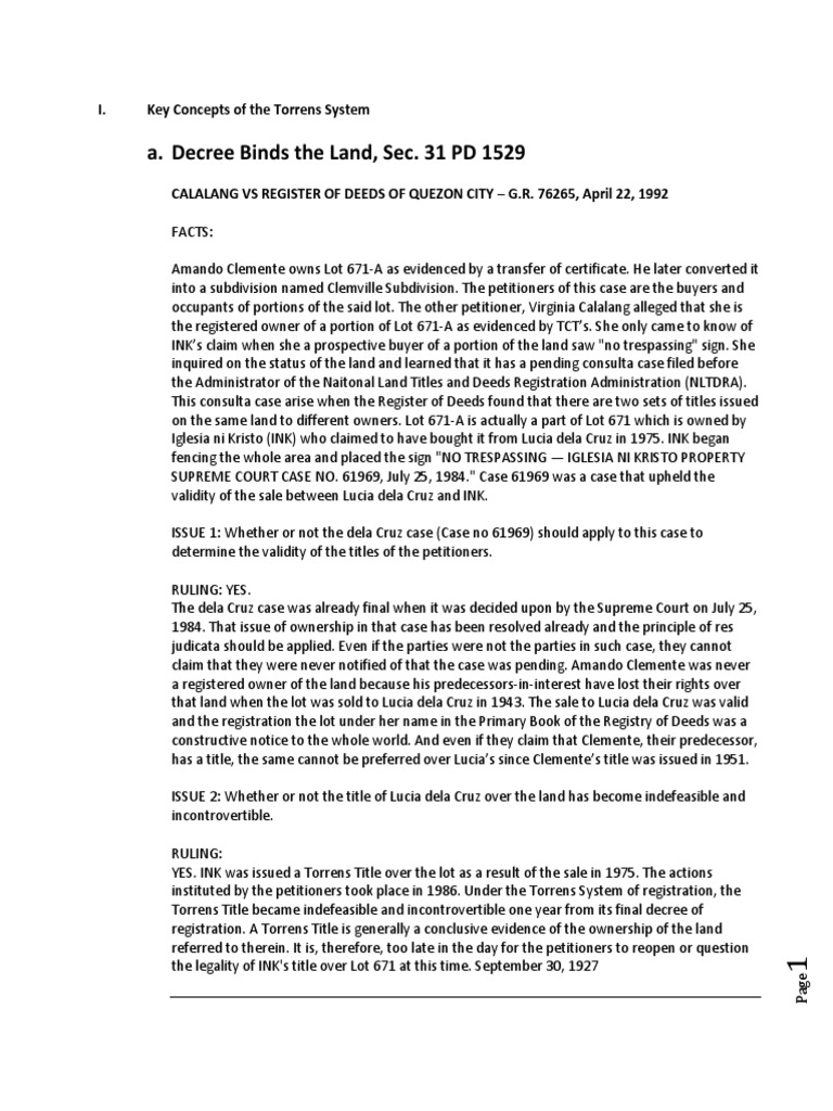 A. Decree Binds The Land, Sec. 31 PD 1529: I. Key Concepts of The ...