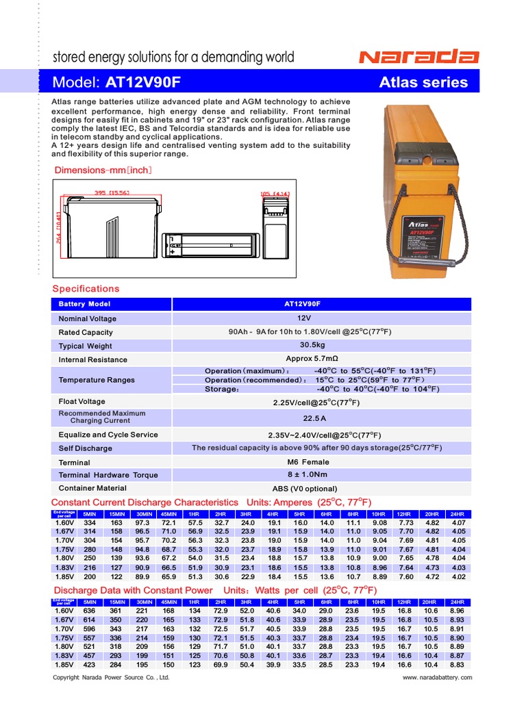 Datasheet Battery Narada AT12V90F PDF | PDF | Battery (Electricity) | Energy Storage