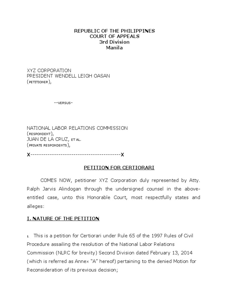 Petition For Certiorari Under Rule 65 Sample | PDF | Living Wage | Metro Manila