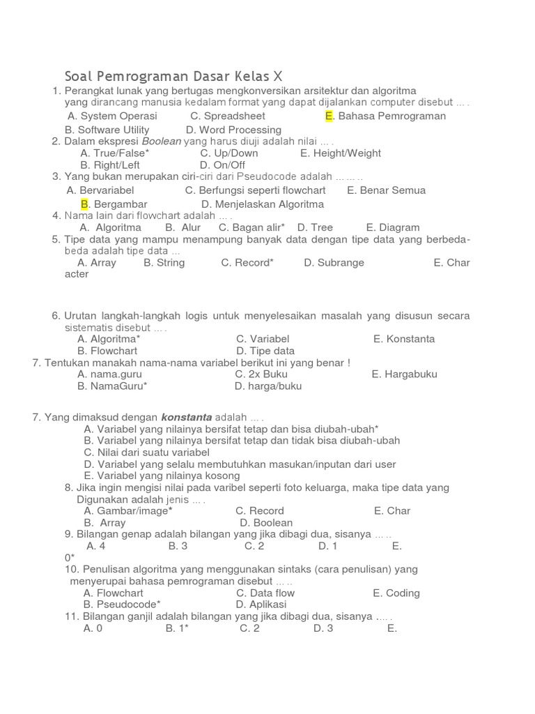 Soal Pemrograman Dasar Kelas X | PDF