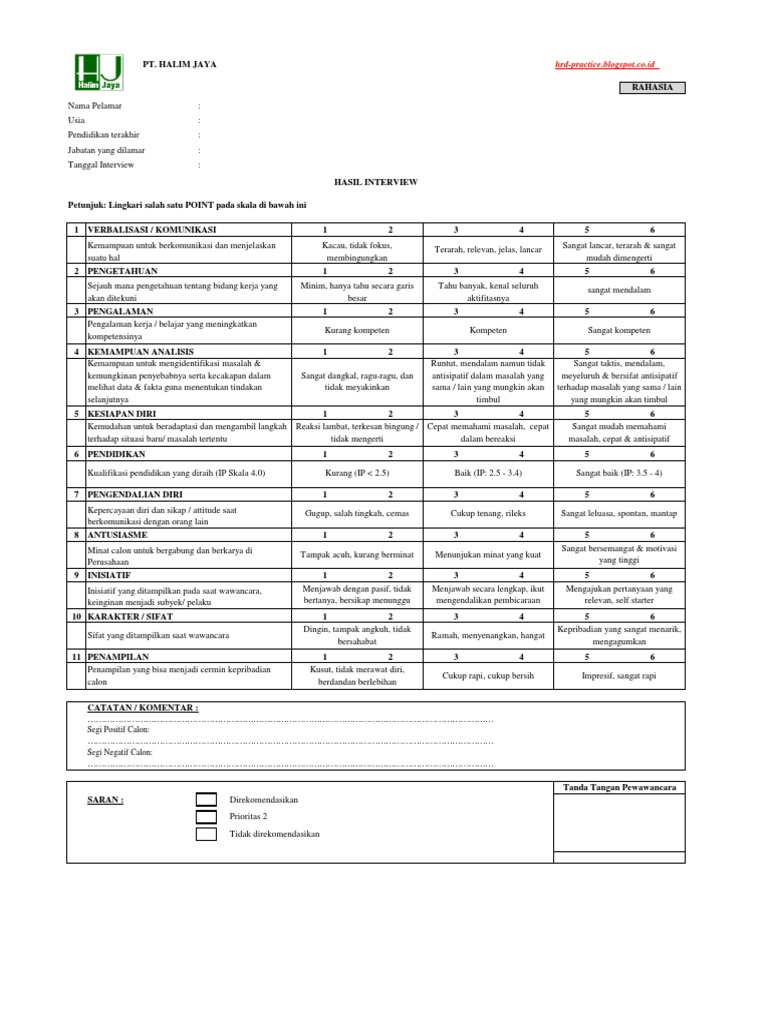 Form Hasil Interview - Contoh 1 PDF | PDF