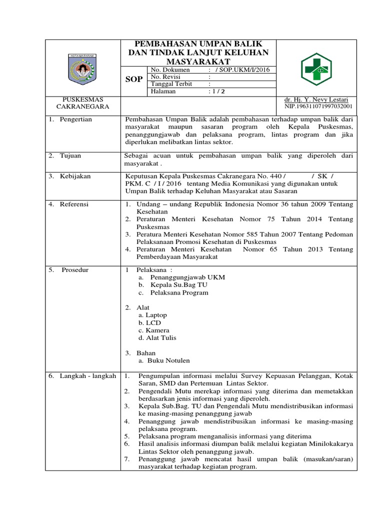 4.1.2.3 Sop Pembahasan Umpan Balik Dokumentasi Pelaksanaan Hasil Pembahasan RTL | PDF