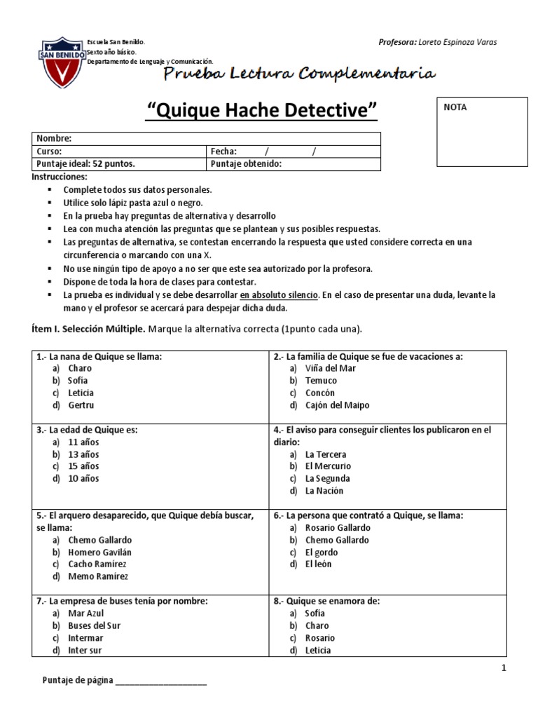 Prueba Libro Sexto Quique Hache Detective Pdf Deportes