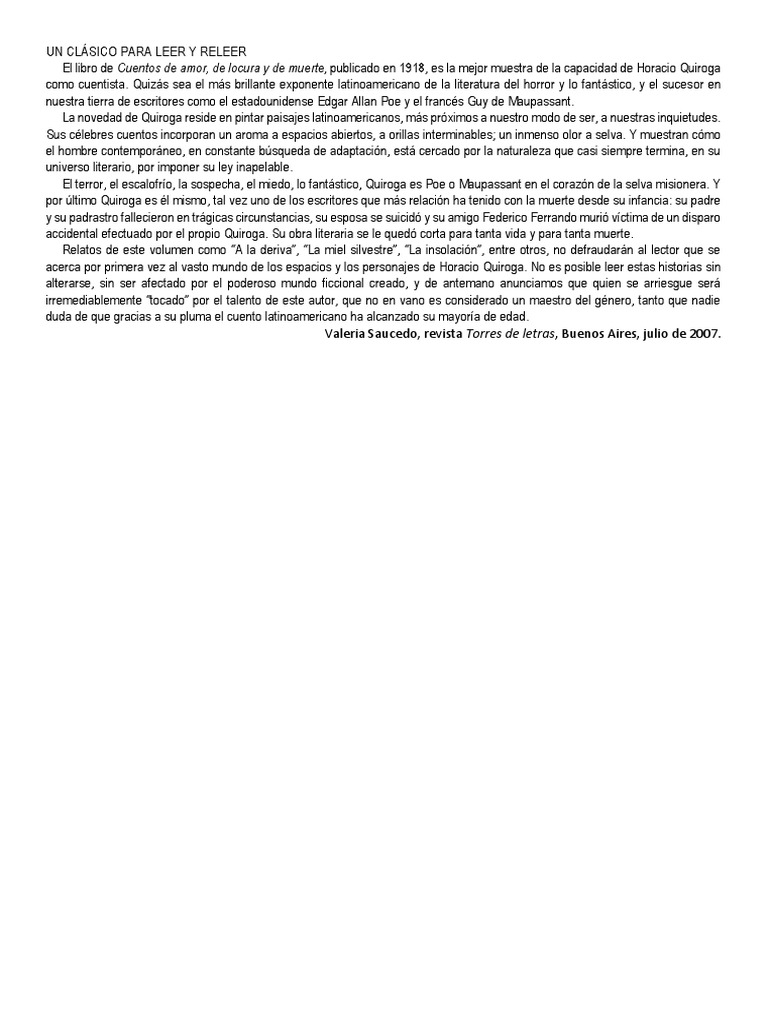Horacio Quiroga Un Clásico para Leer y Releer | PDF
