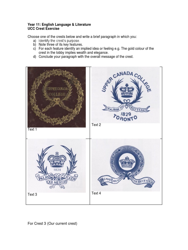 Year 11: English Language & Literature UCC Crest Exercise: For Crest 3 ...
