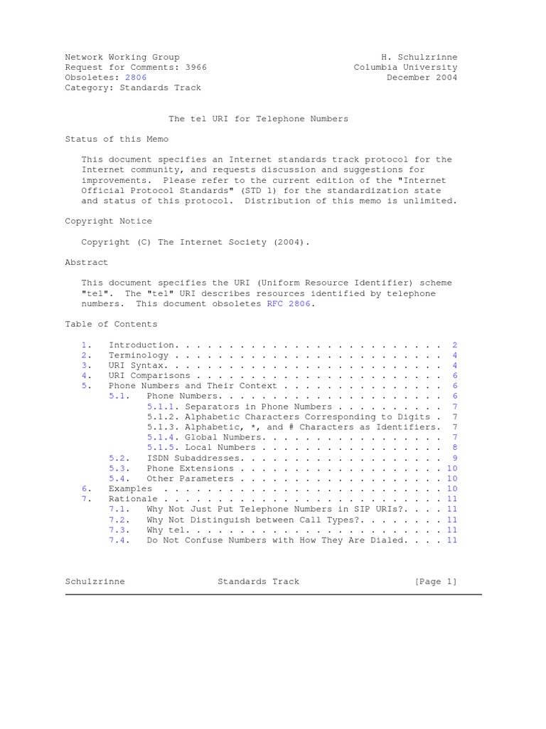 RFC 3966 - The Tel URI For Telephone Numbers | PDF | Uniform Resource ...
