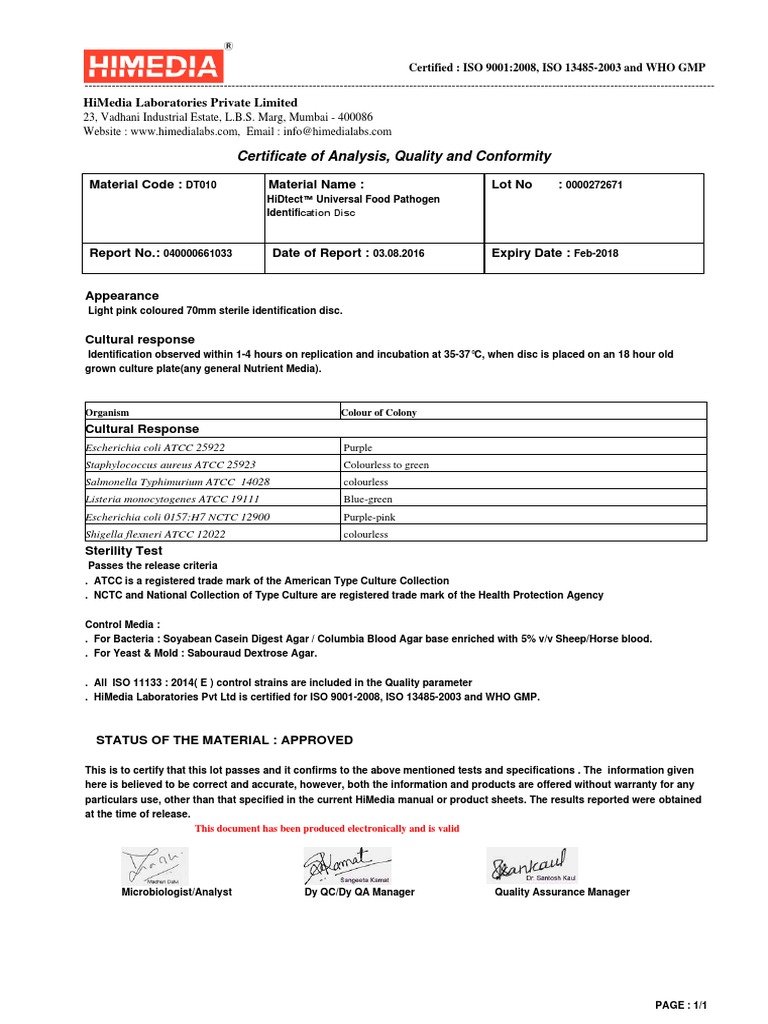 Coa-Dt010 Hidtect Universal Food | PDF | Atcc (Company) | Growth Medium