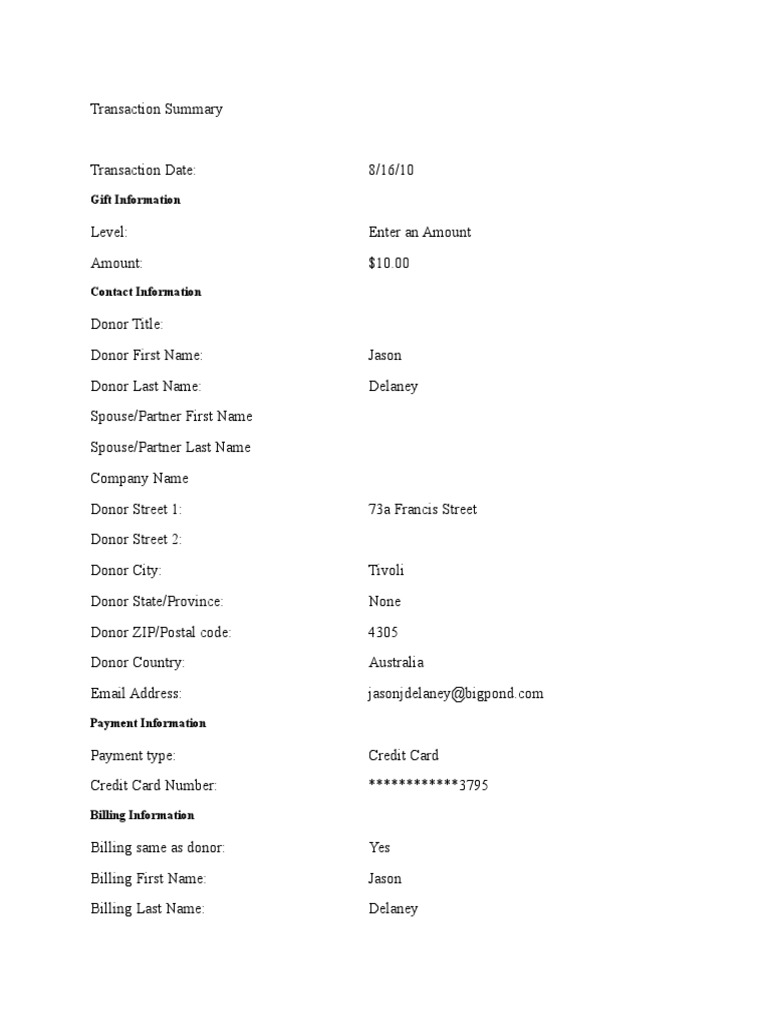 $10 Donation Transaction Summary | PDF