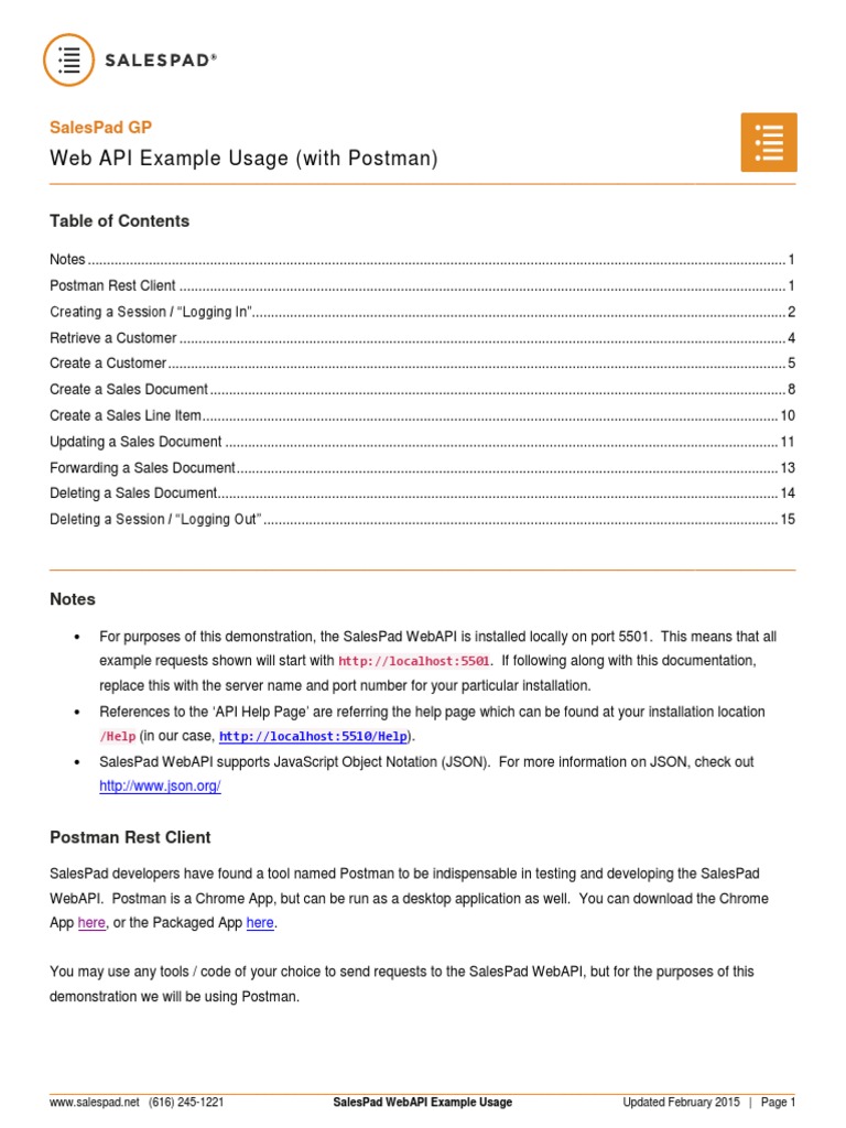 Documentation Postman Salespad Webapi Example Usage Pdf Representational State Transfer