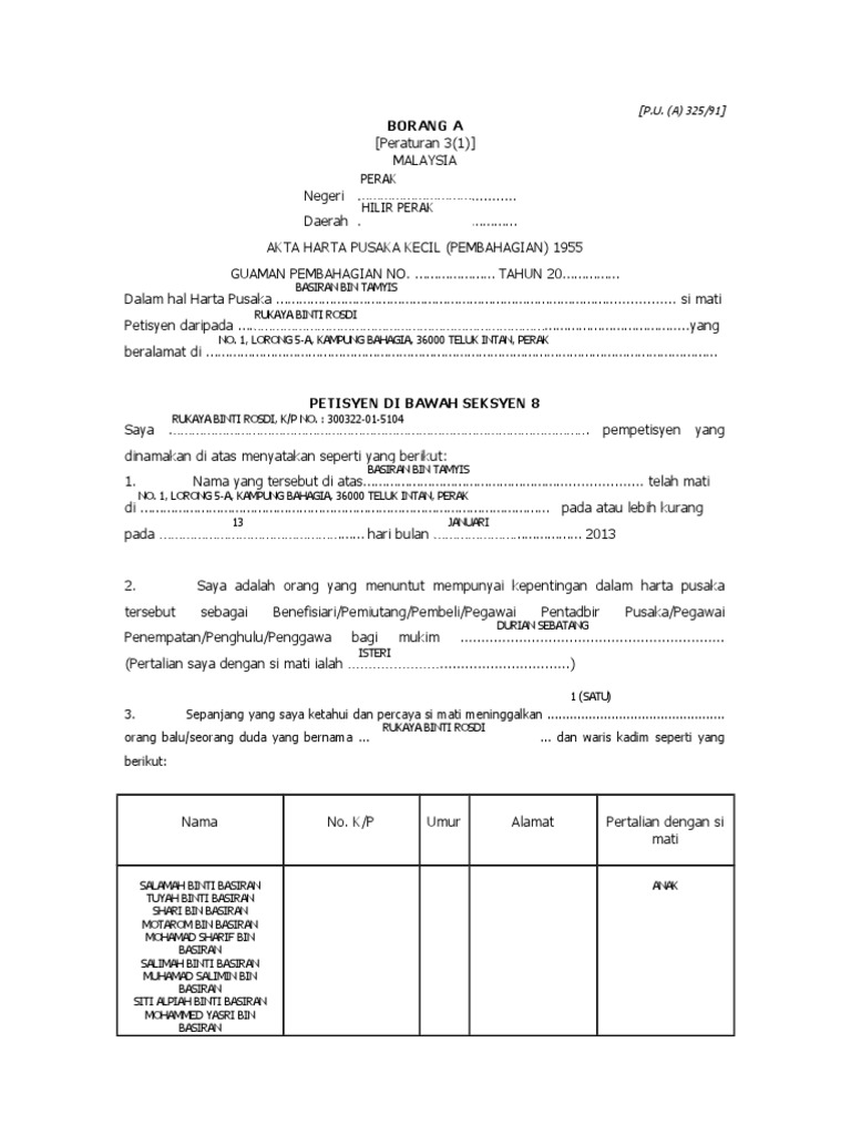 Borang A Permohonan Awal. (Seksyen 8) (1) 2 | PDF