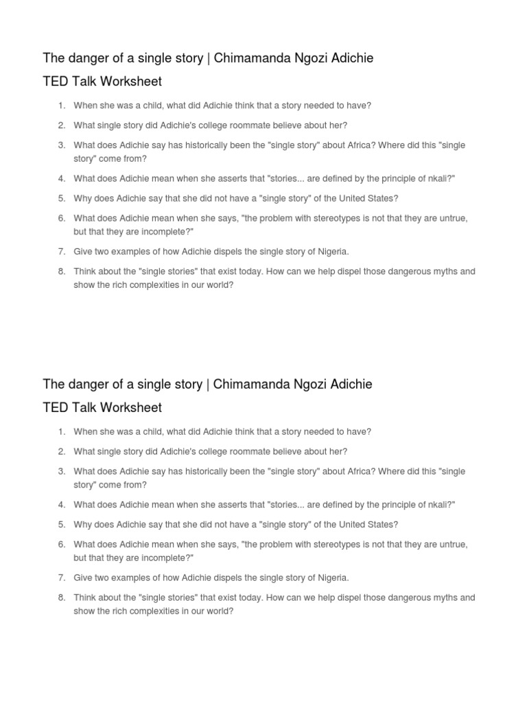 The Danger of A Single Story Worksheet | PDF