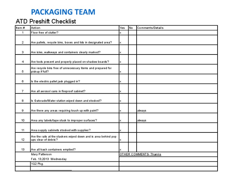 Packaging Team: ATD Preshift Checklist | PDF | Business Process ...