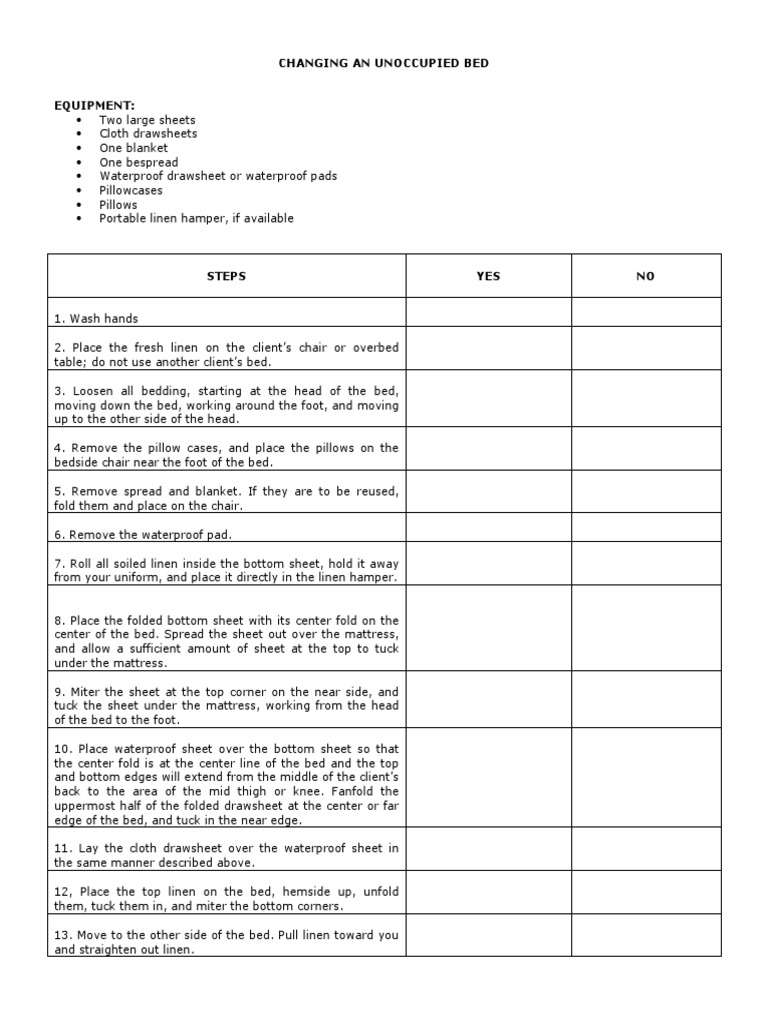 Changing Linens for Unoccupied Beds | PDF | Bed | Pillow