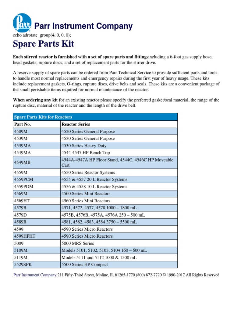 Spare Parts Kit - Parr Instrument Company | PDF