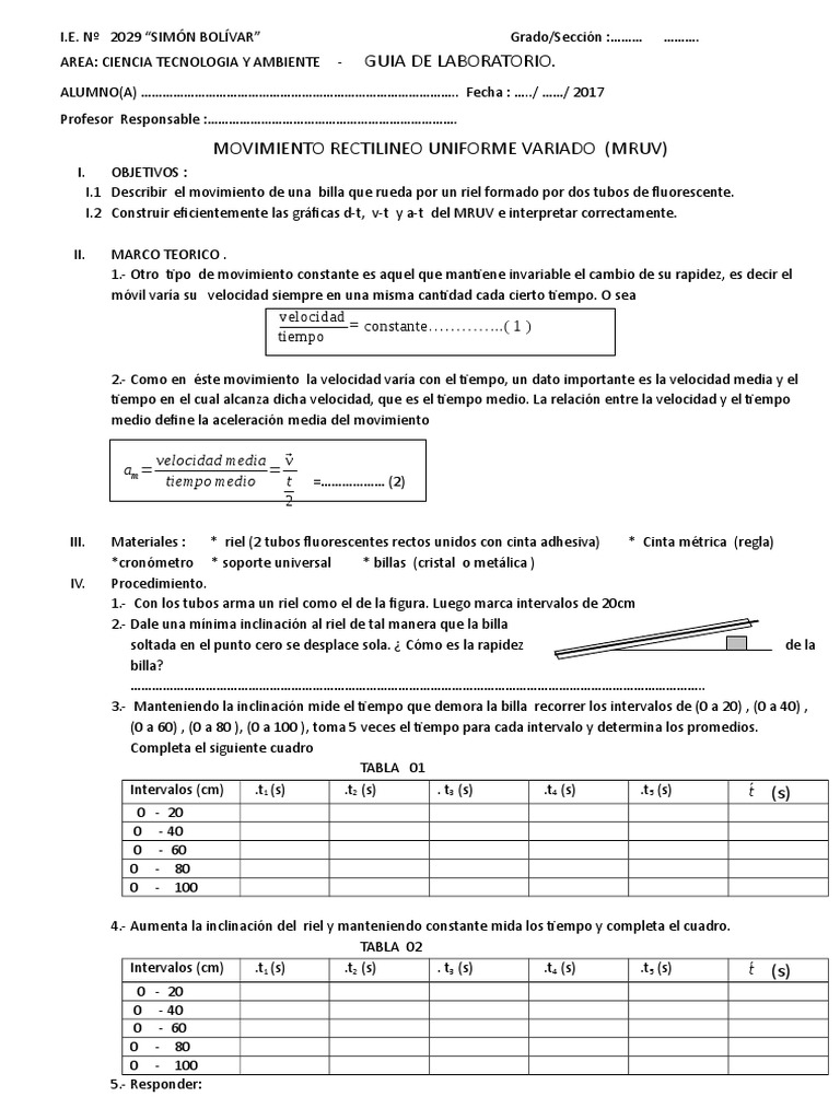 Guia de Laboratorio 2017-MRUV | PDF | Movimiento (física) | Velocidad