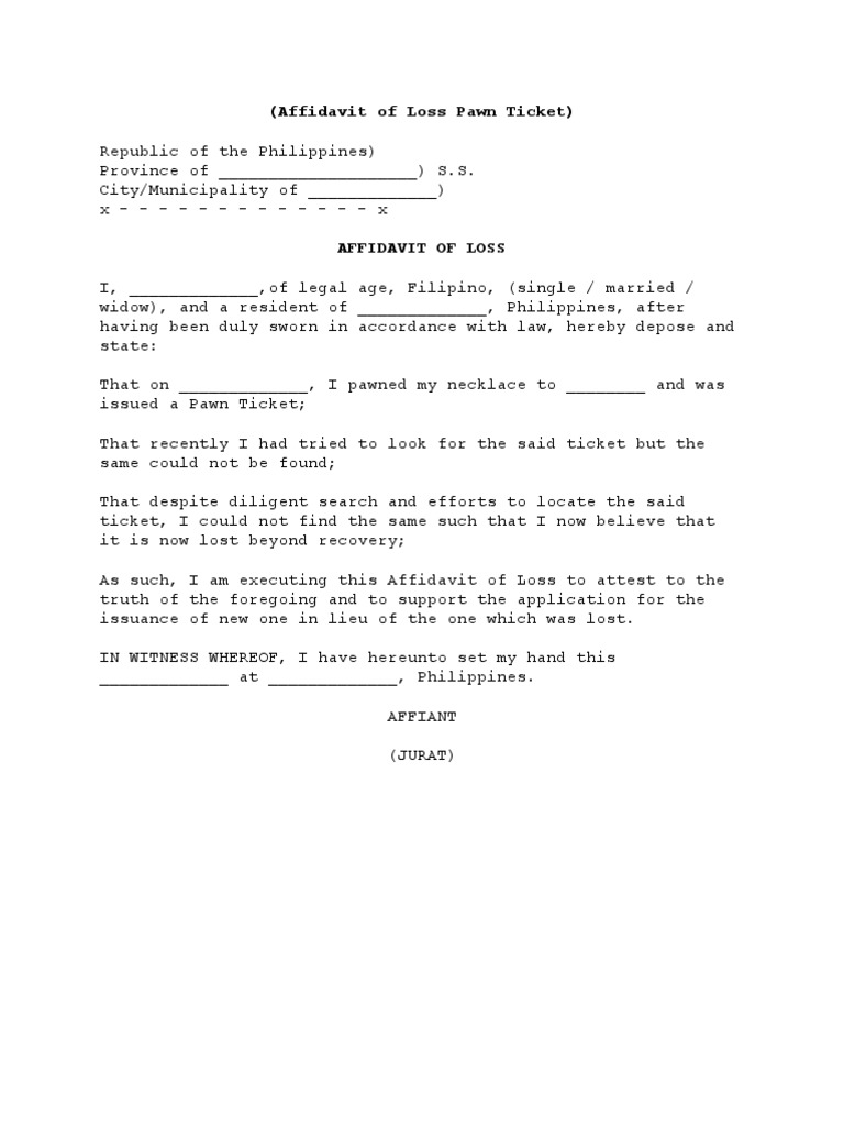Affidavit of Loss Pawn Ticket | PDF