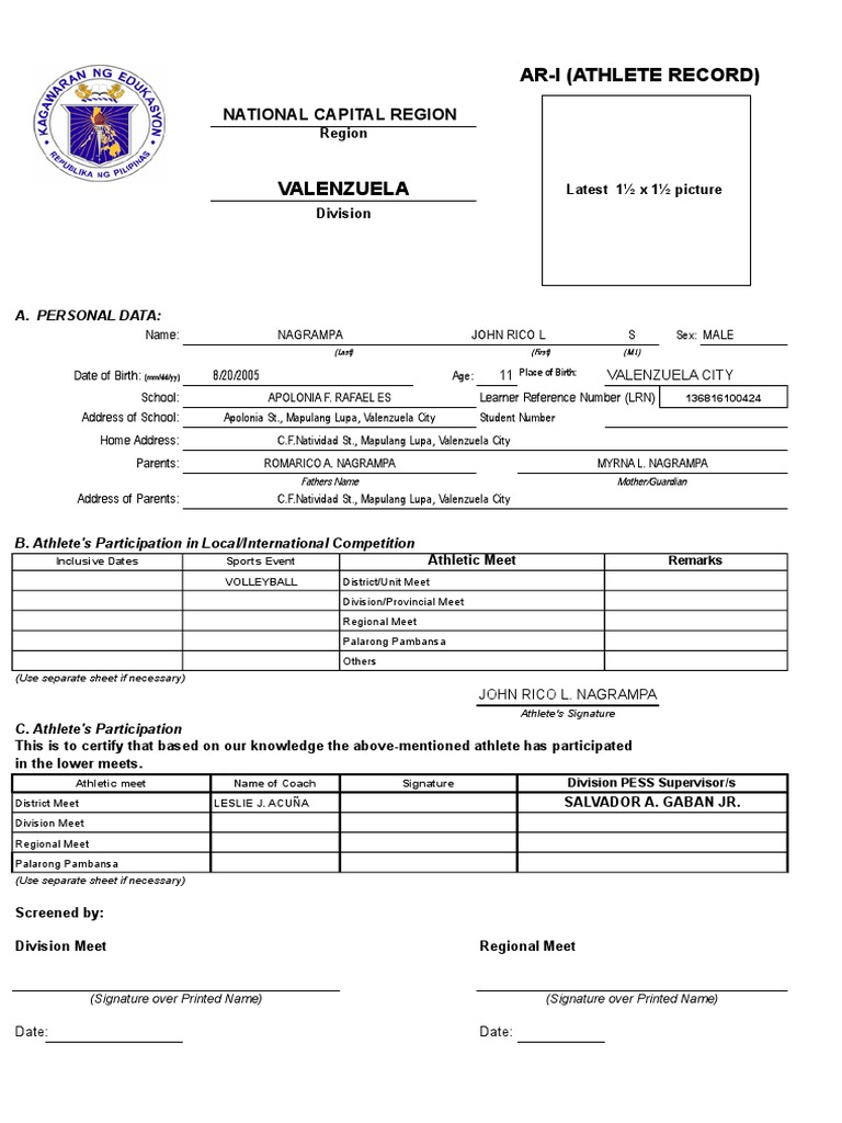 Athlete Record A4 | PDF | Sports Competitions | Multi Sport Events