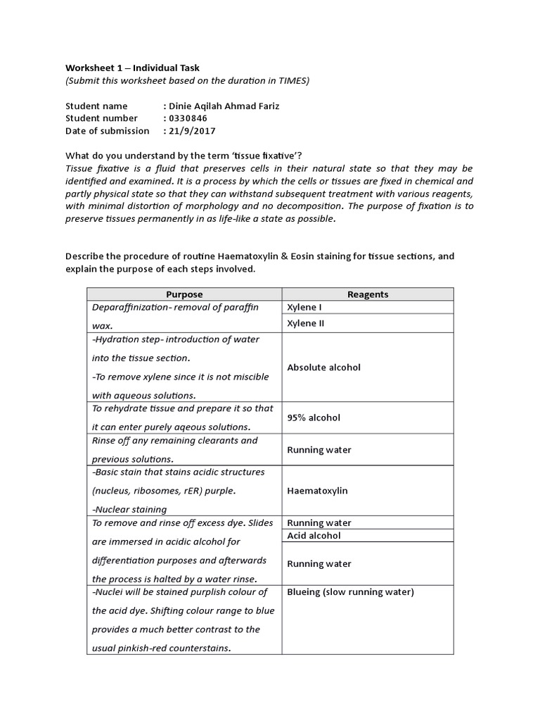 BIO1134 Worksheet 1 | PDF | Staining | Fixation (Histology)