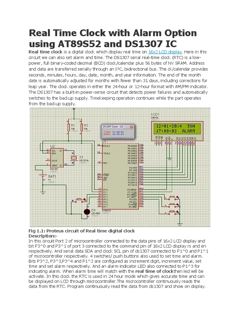 Real Time Clock With Alarm Option Using AT89S52 and DS1307 IC | PDF | Electronic Engineering ...