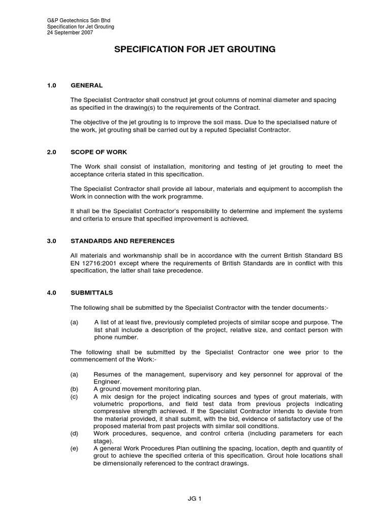 Specification For Jet Grouting PDF | PDF | Specification (Technical Standard) | General Contractor