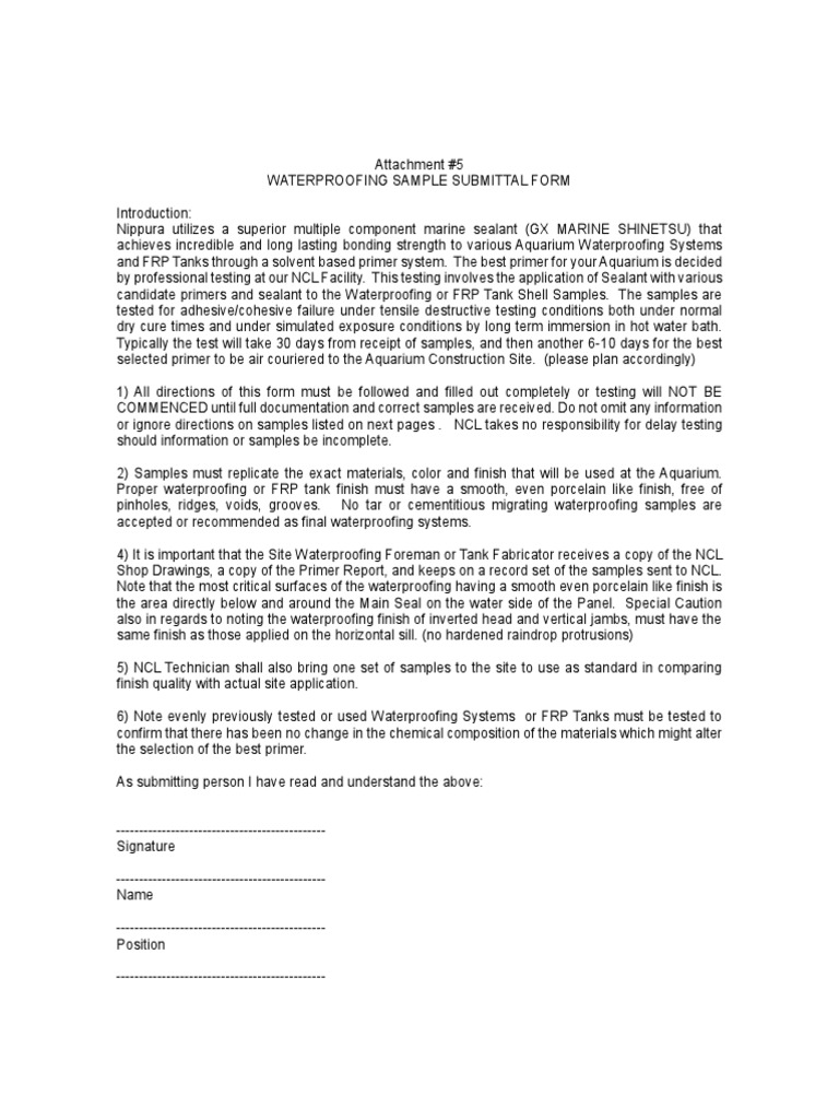 Waterproofing Sample Submittal Form | PDF | Aquarium | Fibre Reinforced ...
