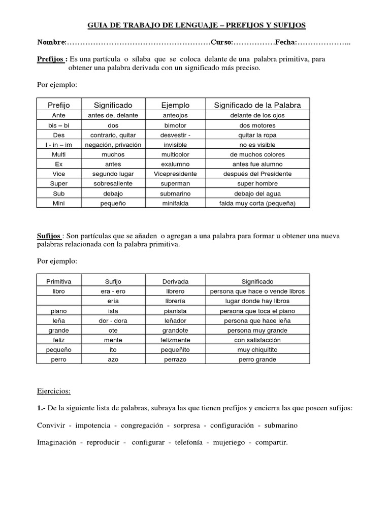 Guia de Lenguaje Prefiso y Sufijos | PDF | Lexicología | Vocabulario