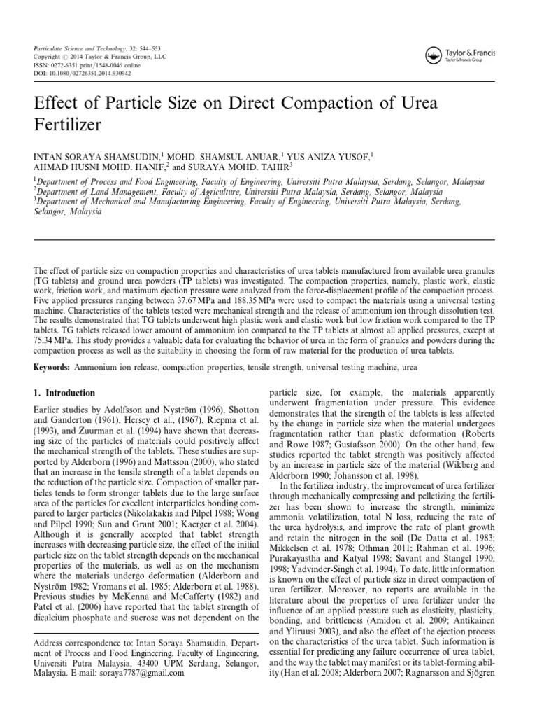 Effect of Particle Size On Direct Compaction of Urea Fertilizer ...
